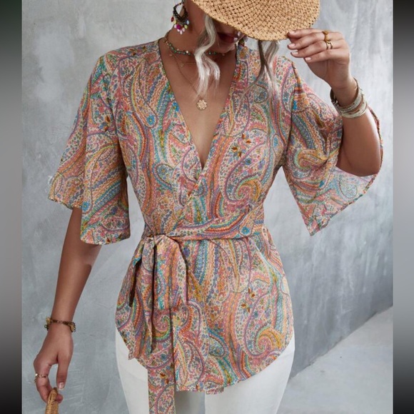 BellanBlue | Tops | Boho Paisley Print Surplice Belted Blouse | Poshmark